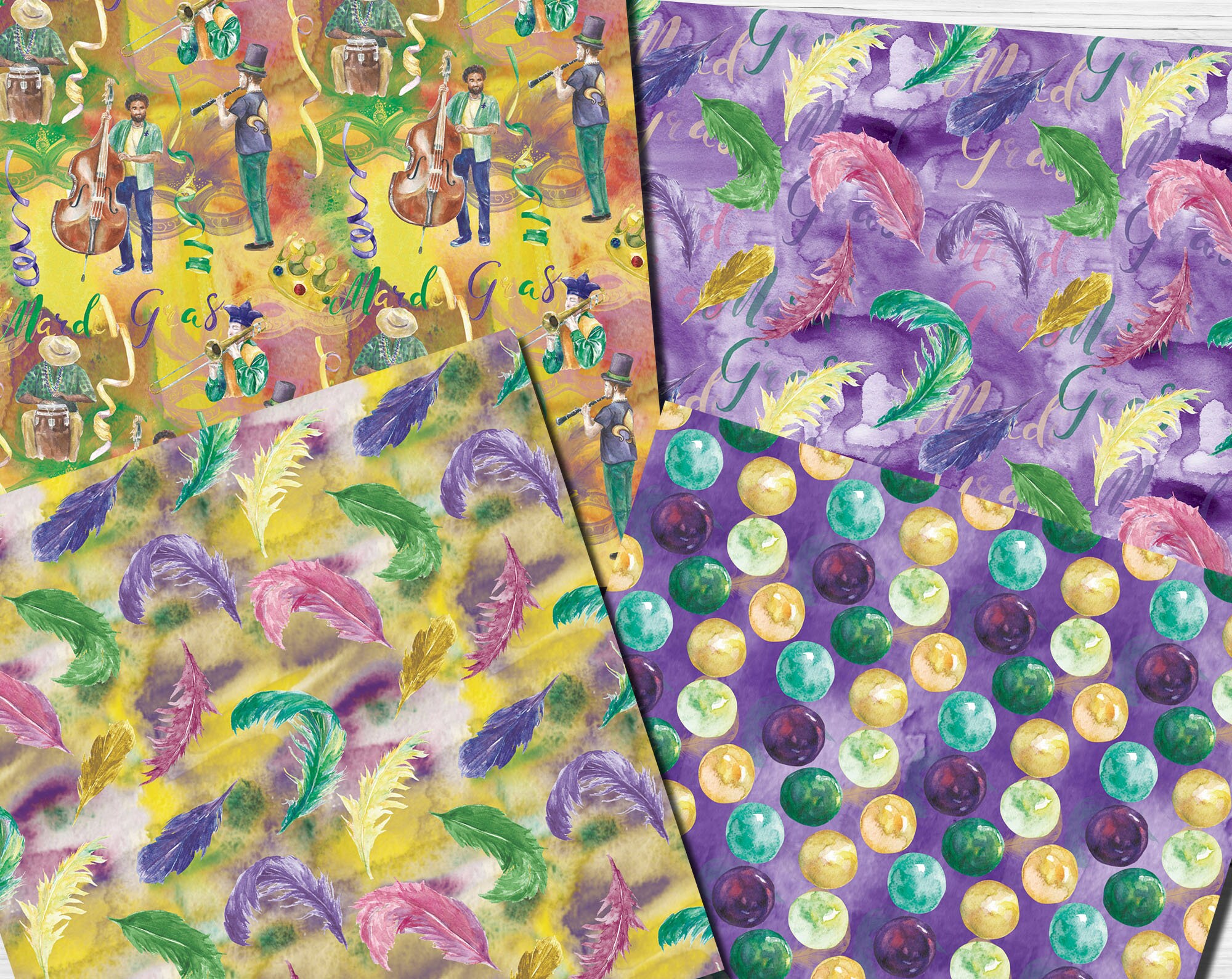 Digital Watercolor Mardi Gras Seamless Pack, 16 Printable Papers ...