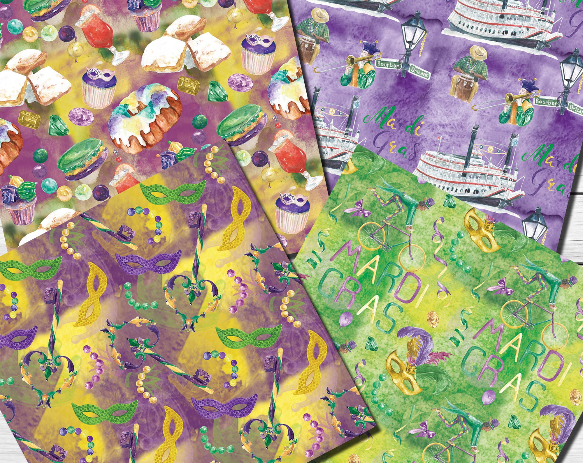 Digital Watercolor Mardi Gras Seamless Pack, 16 Printable Digital ...