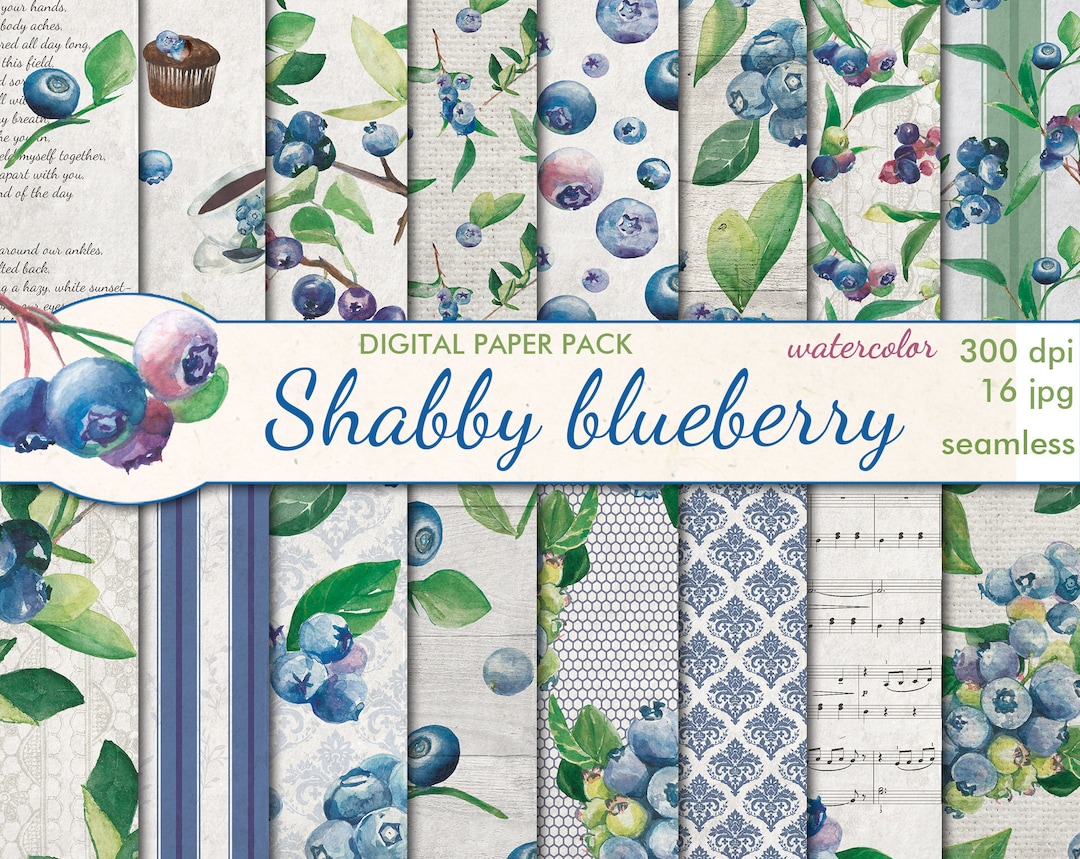 Digital Shabby Blueberry Seamless Paper Pack, 16 Watercolor ...