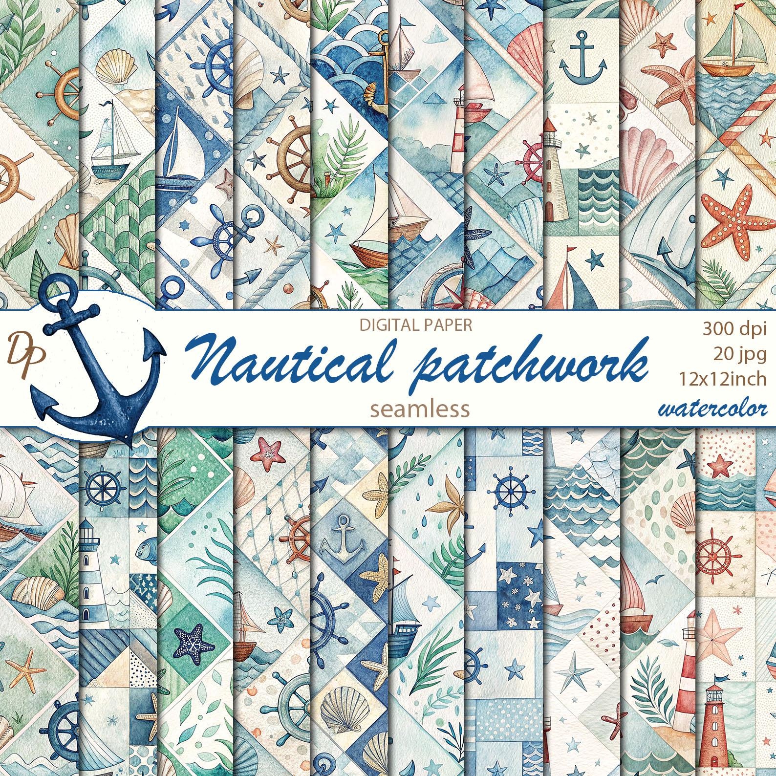 Digital Nautical Patchwork Seamless Papers, 20 Printable Watercolor ...