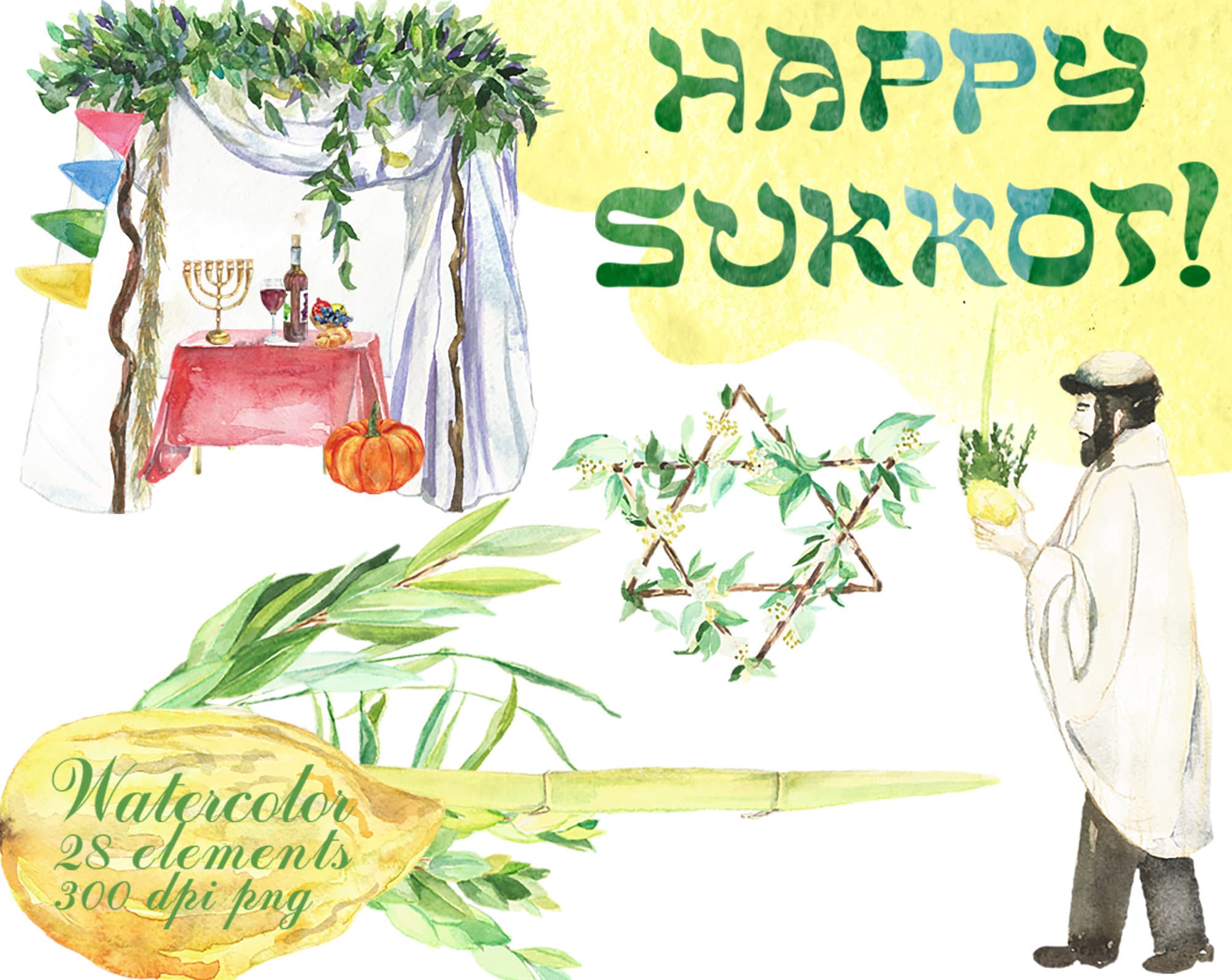 Digital Happy Sukkot Watercolor Clipart for Scrapbooking, Papercrafts ...