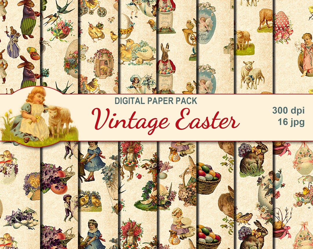 Digital Vintage Easter Paper Pack, 16 Printable Digital Scrapbooking ...