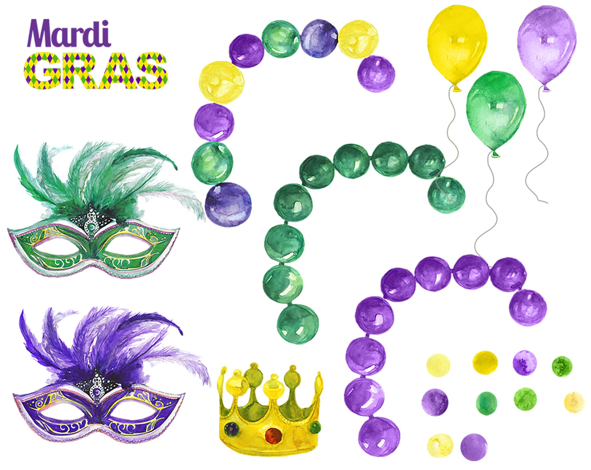Digital Mardi Gras Watercolor Clipart for Scrapbooking, Carnival ...
