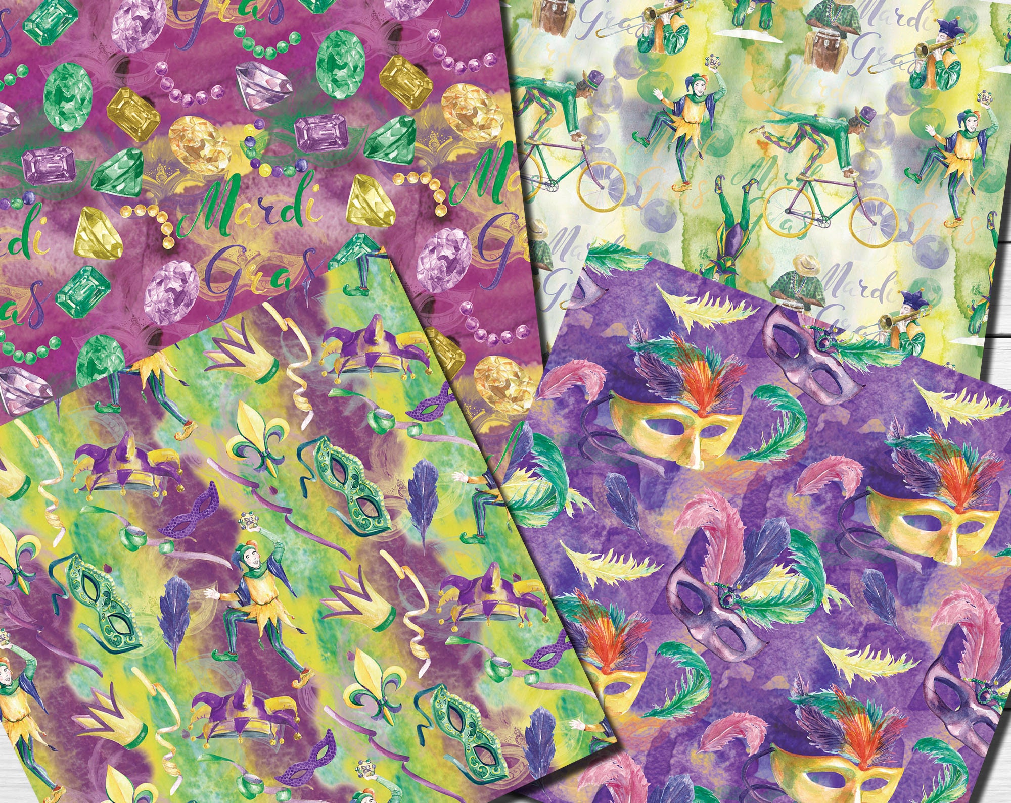 Digital Watercolor Mardi Gras Seamless Pack, 16 Printable Papers ...