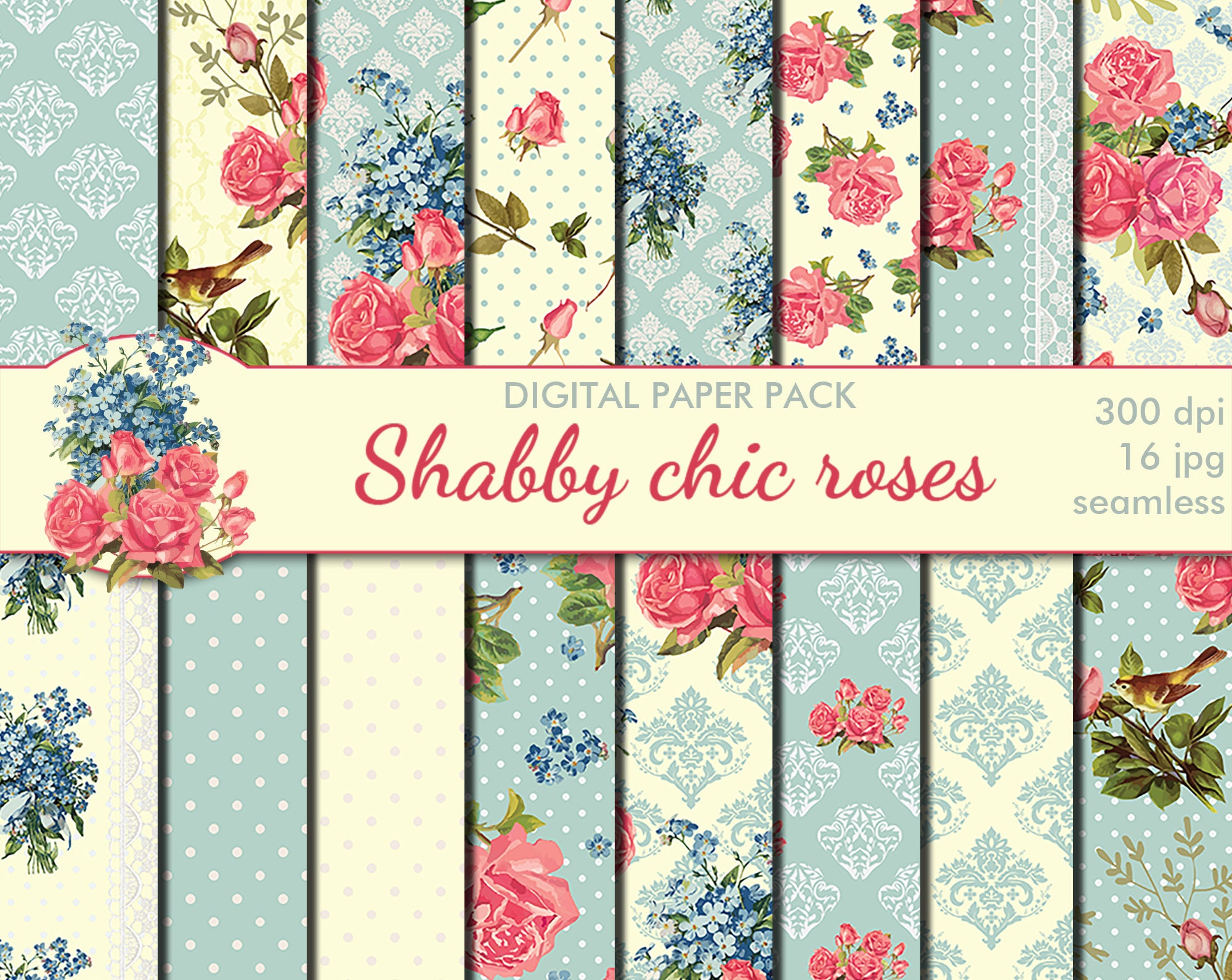 Digital Shabby Chic Pink Roses Seamless Paper Pack, 16 Printable ...