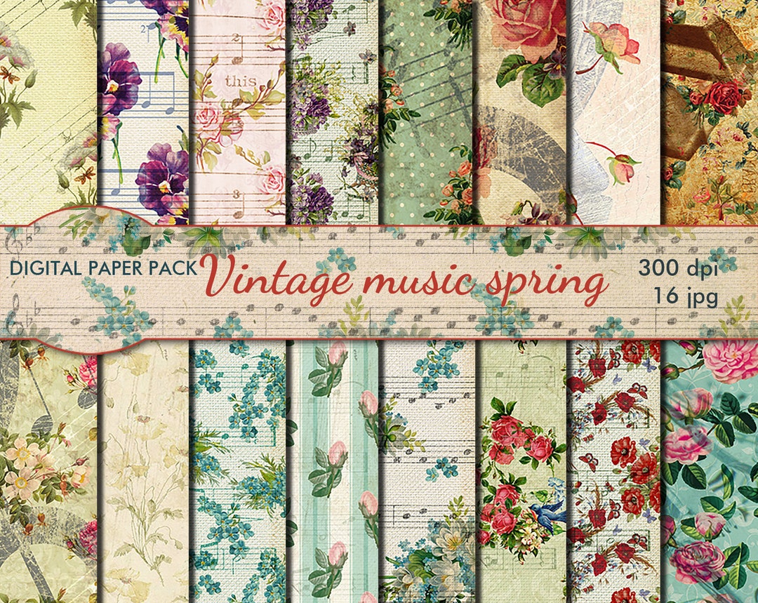 Digital Vintage Music Spring Paper Pack, 16 Printable Digital ...
