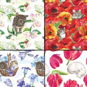 Digital Watercolor Cats and Flowers Seamless Paper Pack, 16 Printable ...