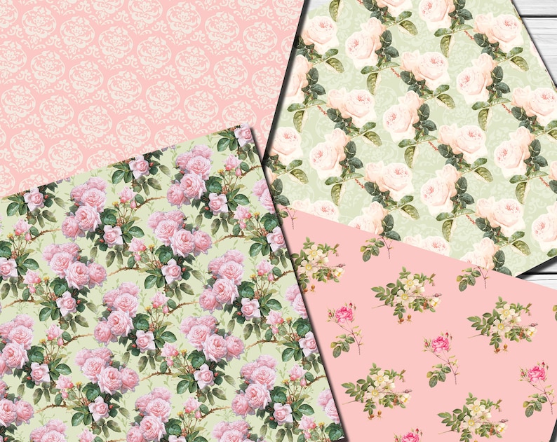Digital Shabby Chic Pink Roses Paper Pack, 16 Printable Digital ...