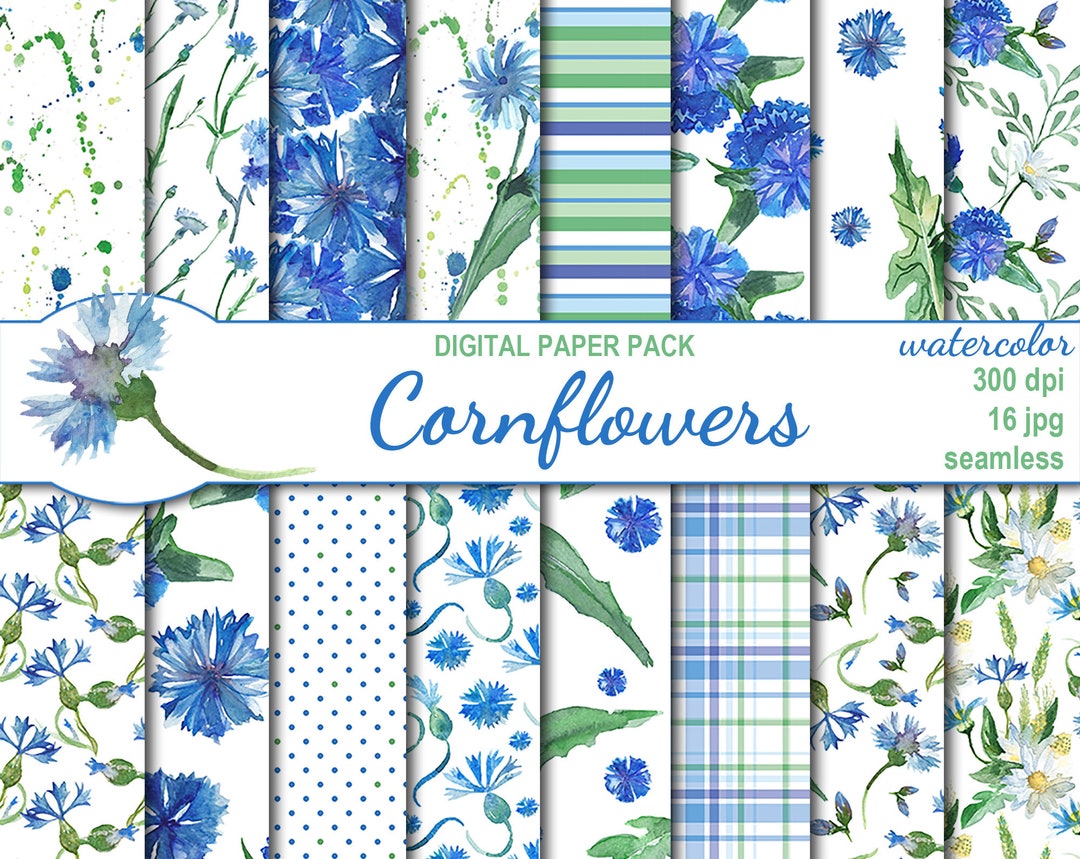 Digital Watercolor Cornflowers Seamless Paper Pack, 16 Printable ...