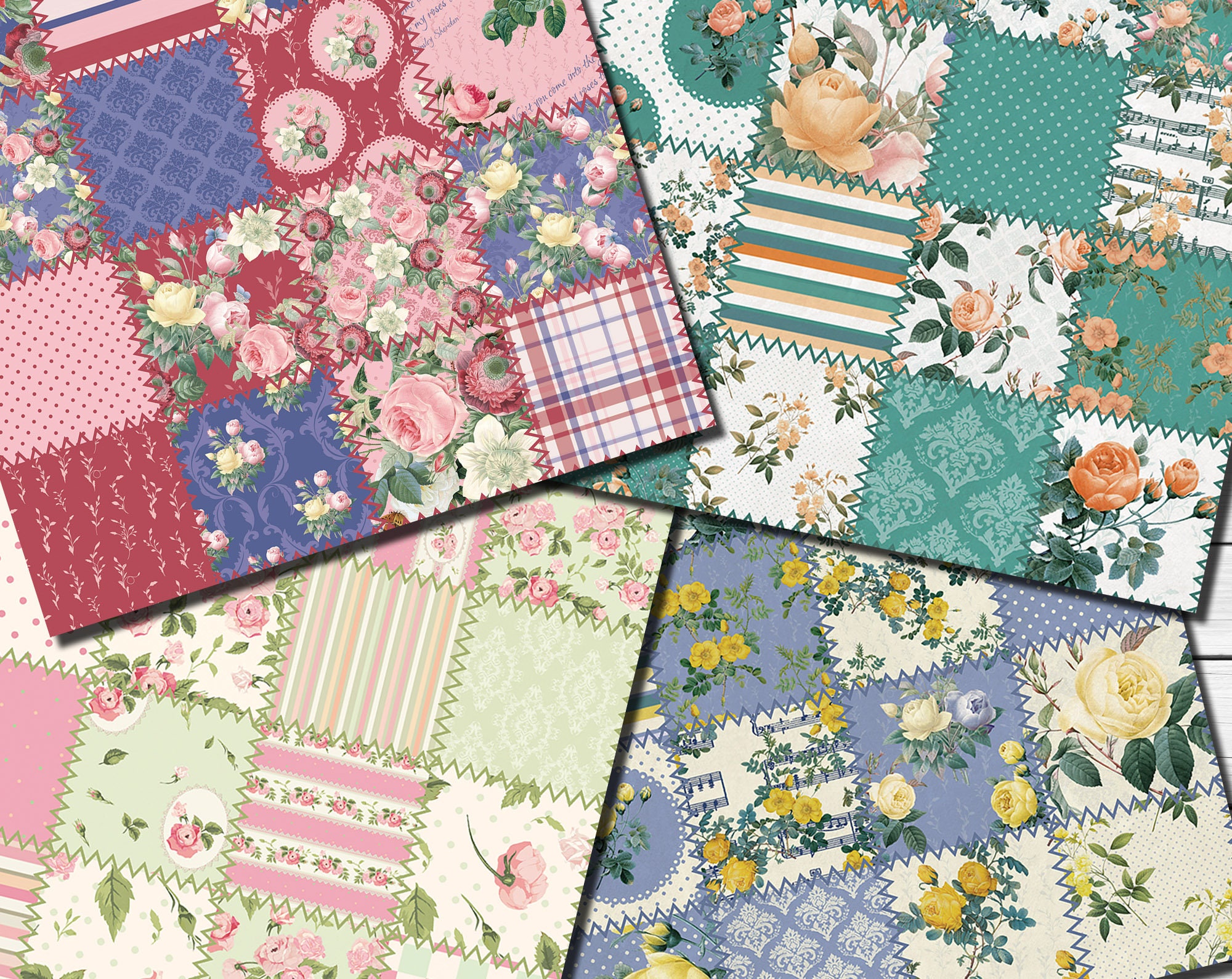 Digital Patchwork Roses Fabric Seamless Paper Pack, 16 Printable ...