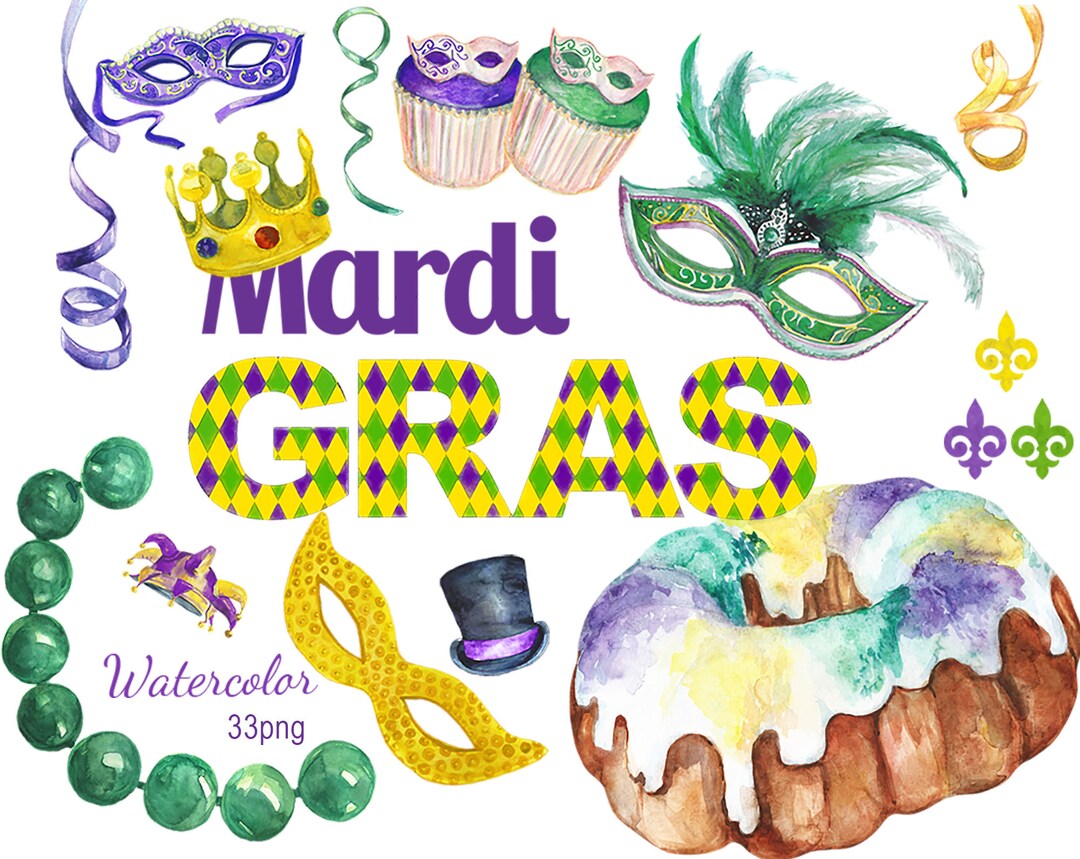 Digital Mardi Gras Watercolor Clipart for Scrapbooking, Carnival ...