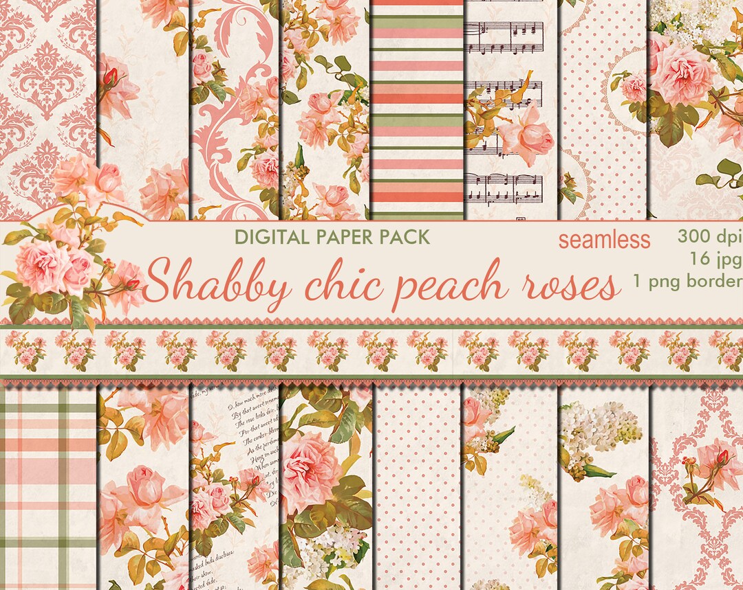 Digital Shabby Chic Peach Roses Style Pack, 16 Printable Digital ...