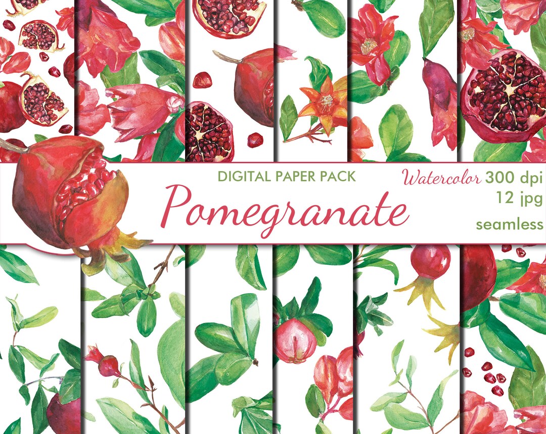 Digital Watercolor Pomegranate Seamless Paper Pack, 12 Printable ...