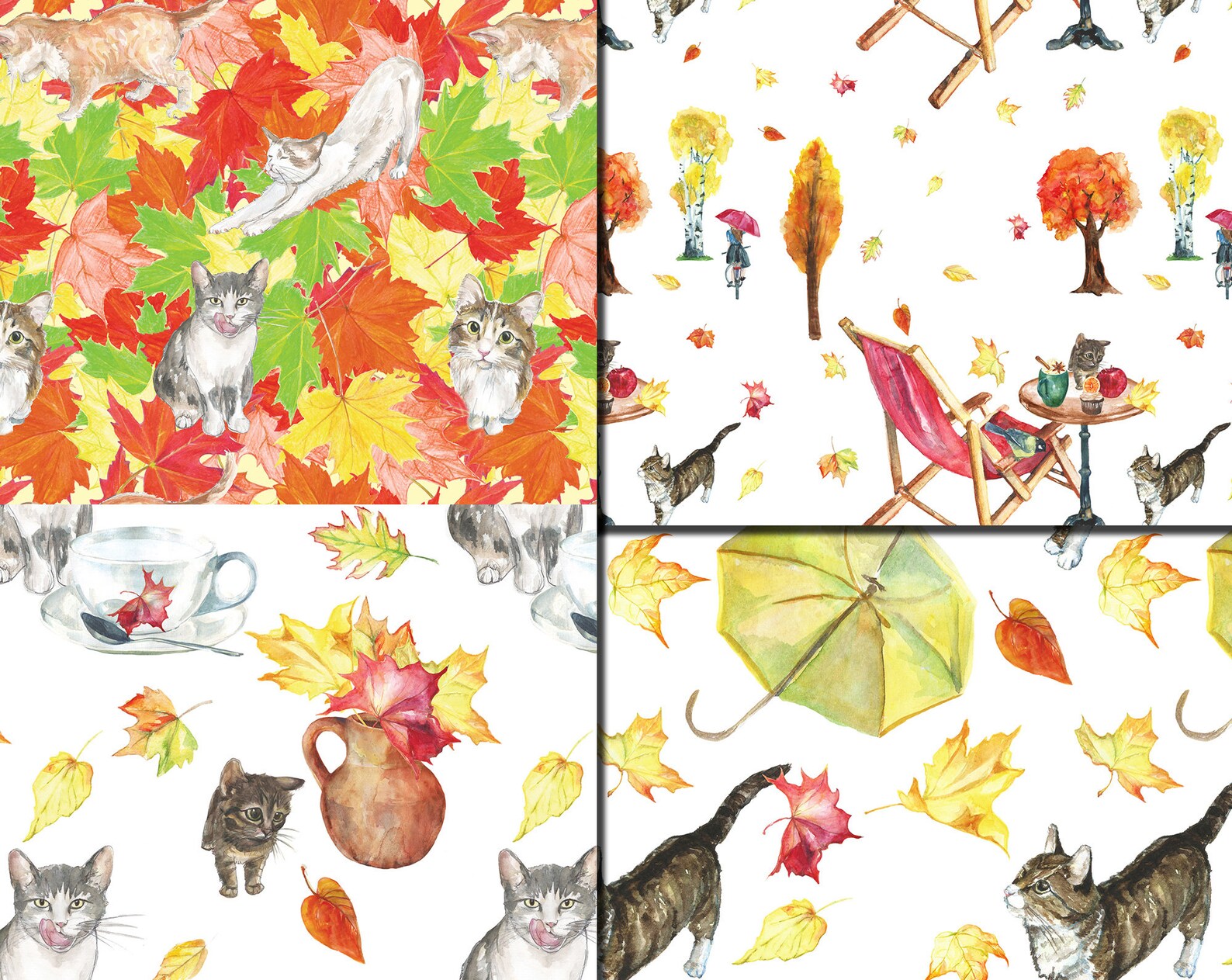 Digital Watercolor Autumn Cats Seamless Paper Pack, 16 Printable ...
