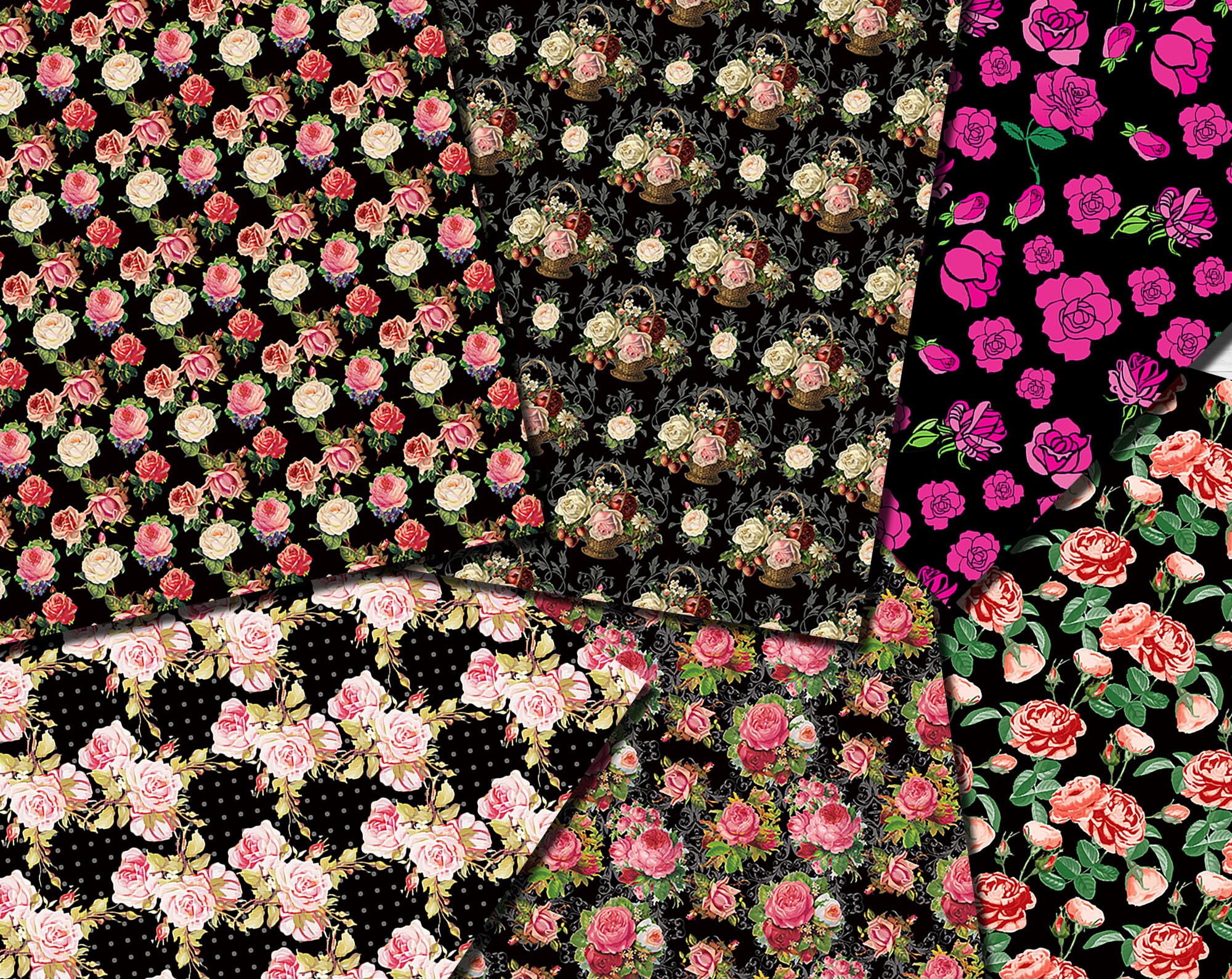 Digital Roses on Black Seamless Paper Pack, 24 Printable Scrapbooking ...
