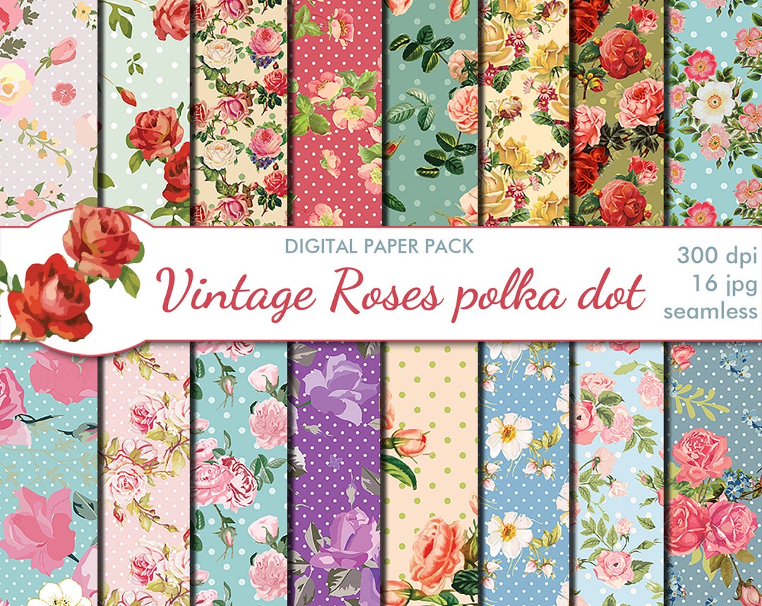 Digital Shabby Vintage Roses Polka Dot Seamless Papers, 16 Printable ...