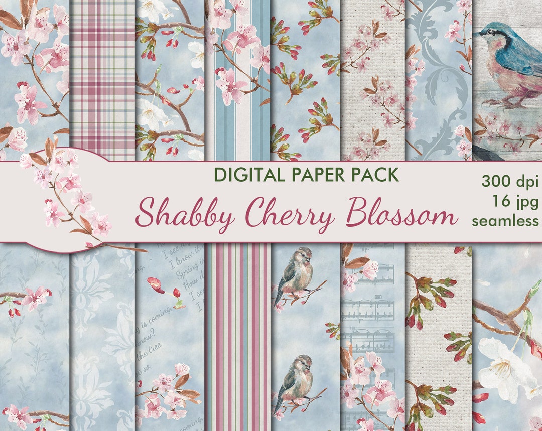 Digital Shabby Cherry Blossom Seamless Paper Pack, 16 Printable ...