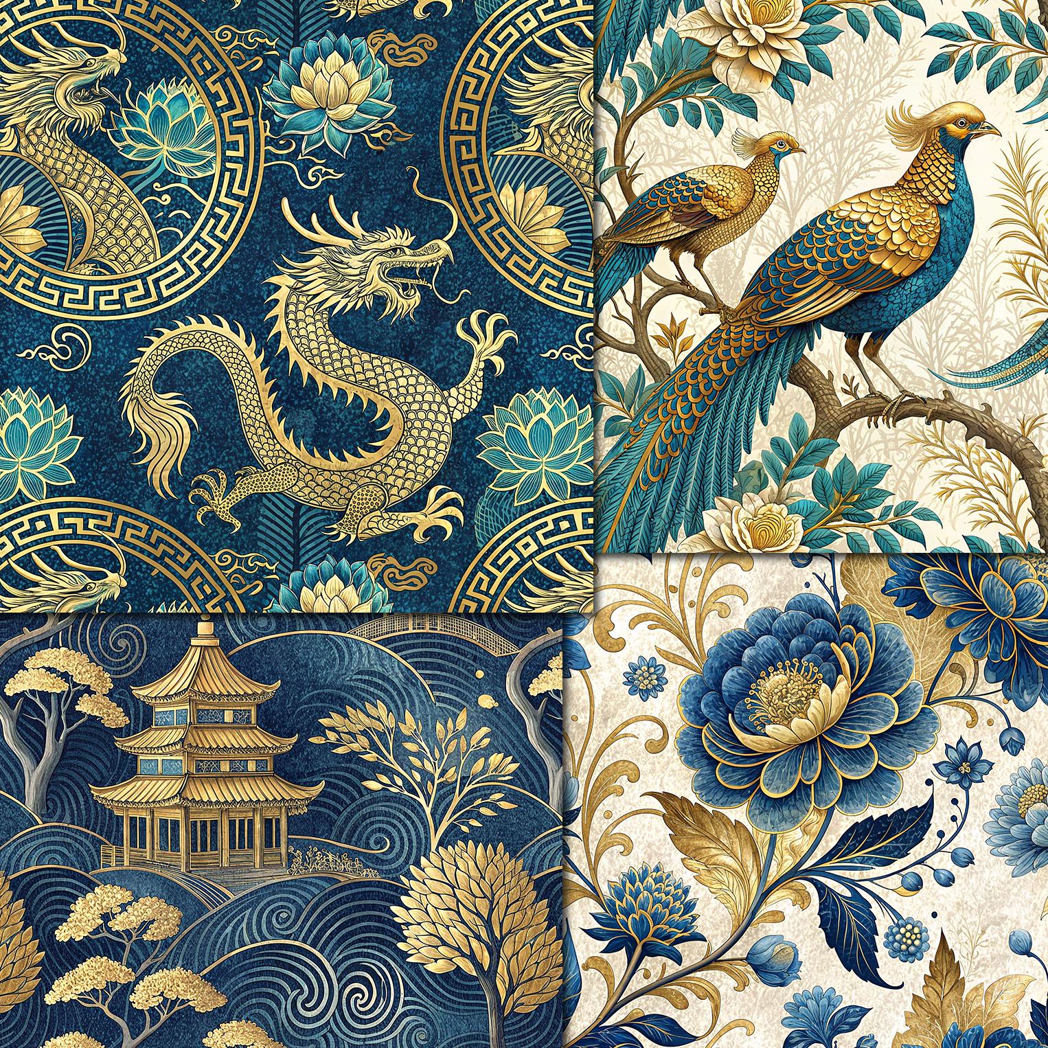 Digital China Seamless Papers, 20 Blue Gold Chinese Printable Patterns ...
