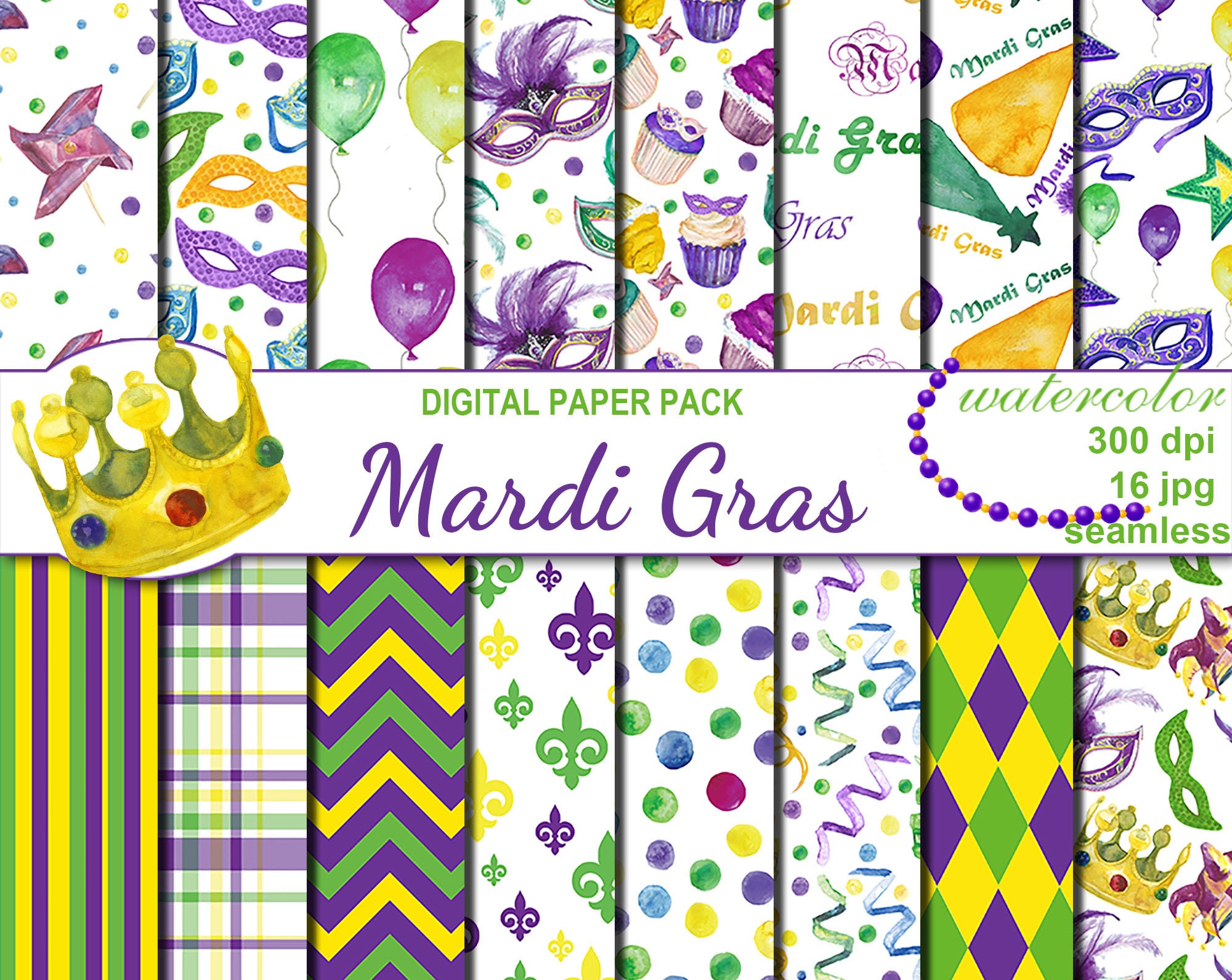 Digital Watercolor Mardi Gras Seamless Pack, 16 Printable Digital ...