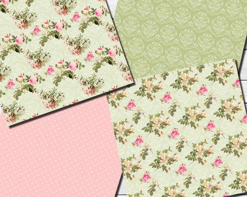 Digital Shabby Chic Pink Roses Paper Pack, 16 Printable Digital Scrapbooking Papers, Retro Roses ...