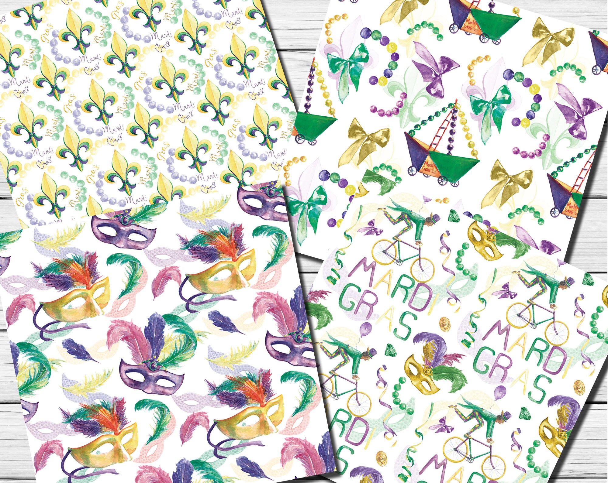 Digital Watercolor Mardi Gras Seamless Pack, 16 Printable Digital ...
