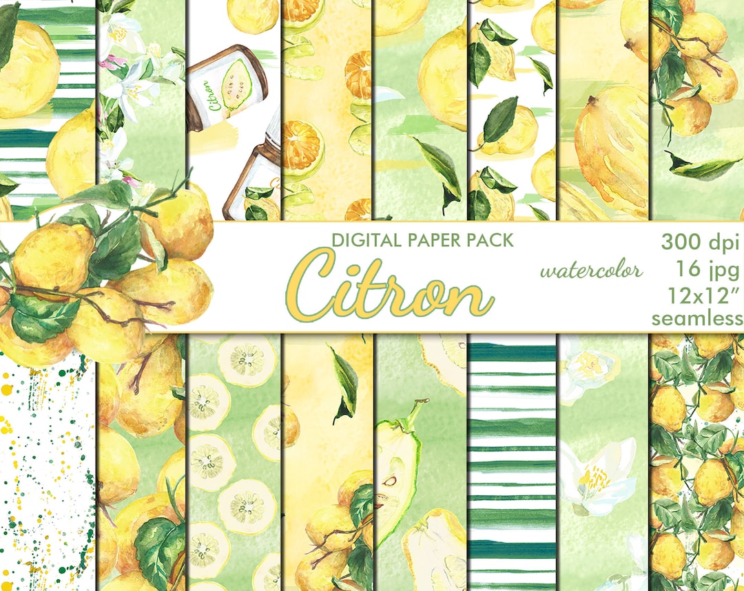 Digital Watercolor Citron Seamless Paper Pack, 16 Printable ...
