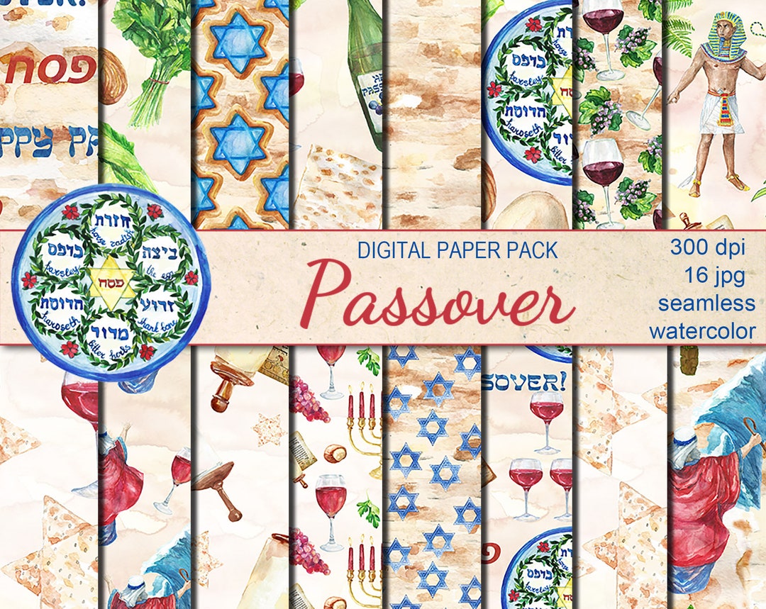 Digital Watercolor Happy Passover Seamless Pack, 16 Printable Digital ...