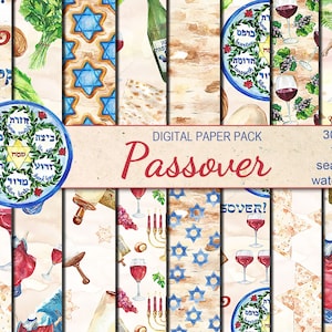 Digital Watercolor Happy Passover Seamless Pack, 16 Printable Digital ...