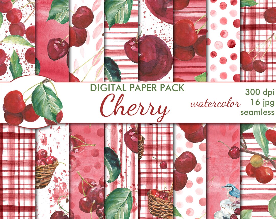 Digital Watercolor Cherry Seamless Paper Pack, 16 Printable ...