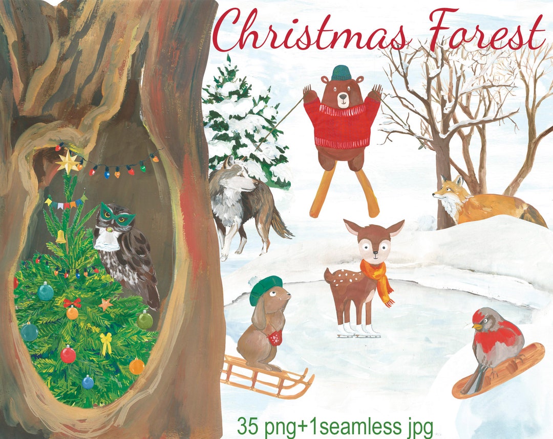 Digital Christmas Forest Clip Art, 35 Elements, New Year Animals ...