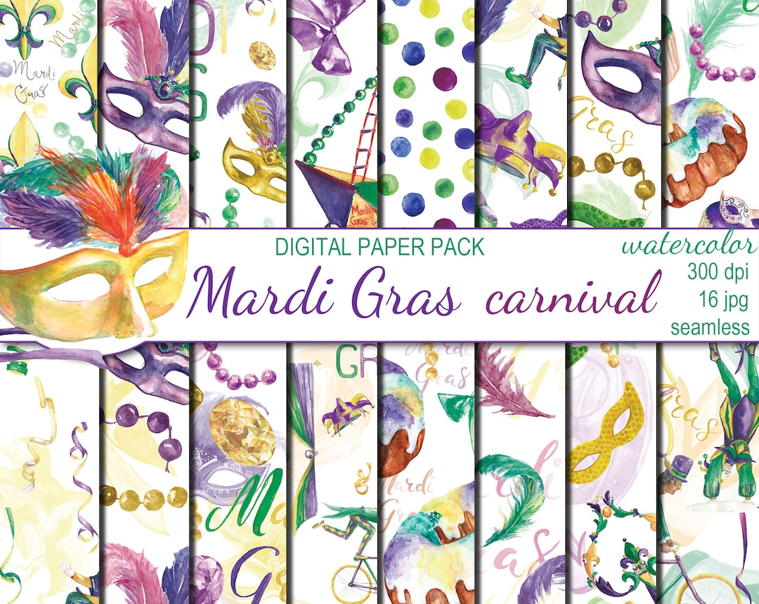 Digital Watercolor Mardi Gras Seamless Pack, 16 Printable Digital ...