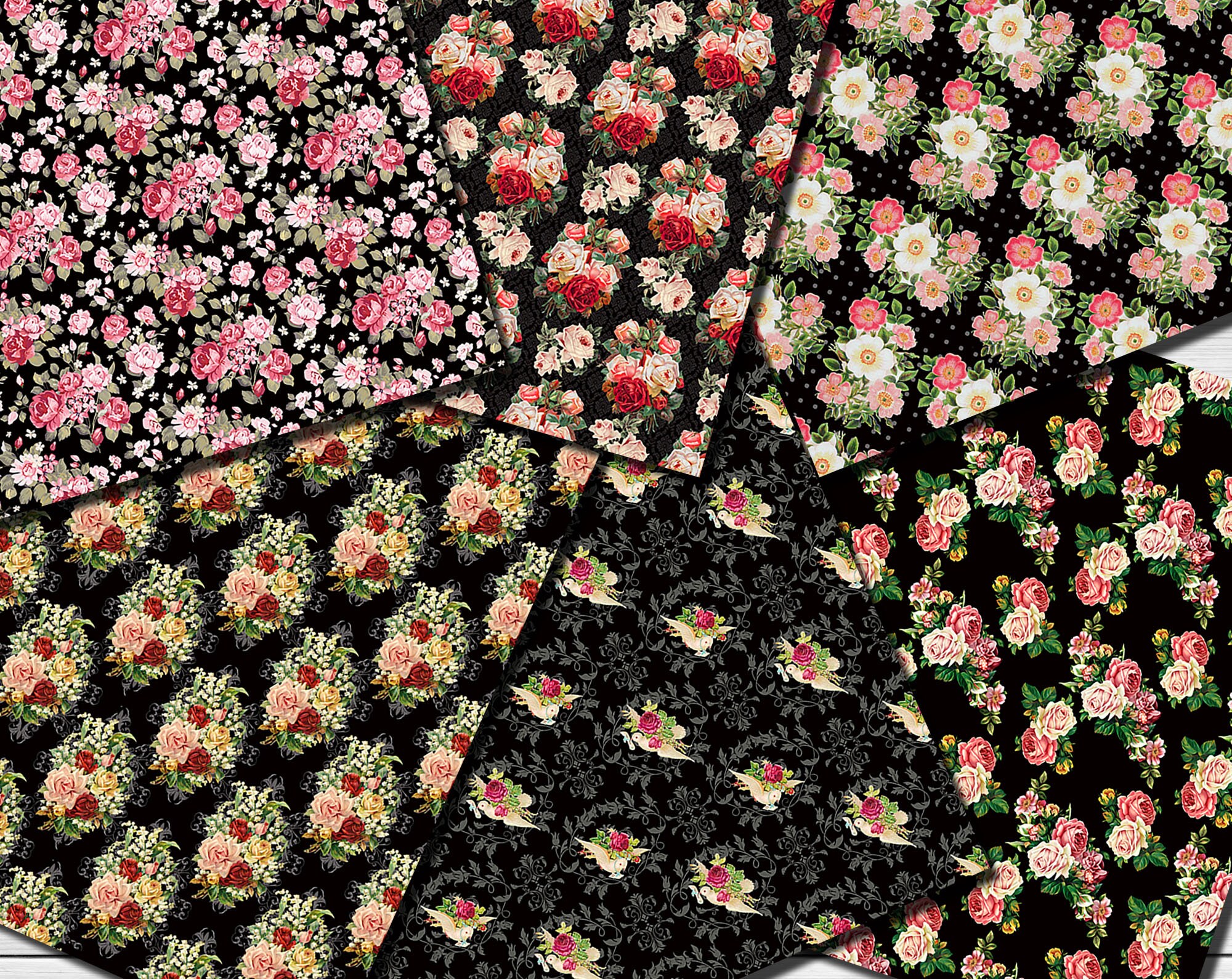 Digital Roses on Black Seamless Paper Pack, 24 Printable Scrapbooking ...