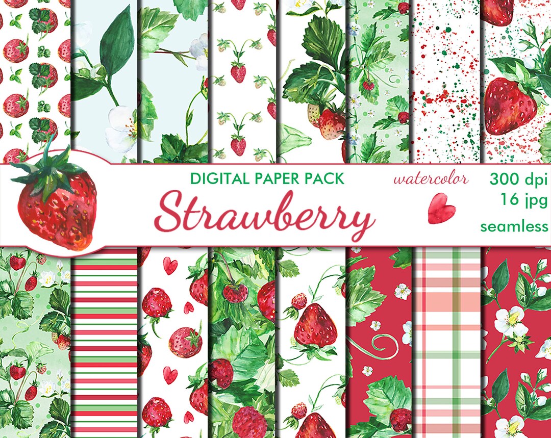 Digital Watercolor Strawberry Seamless Paper Pack, 16 Printable ...