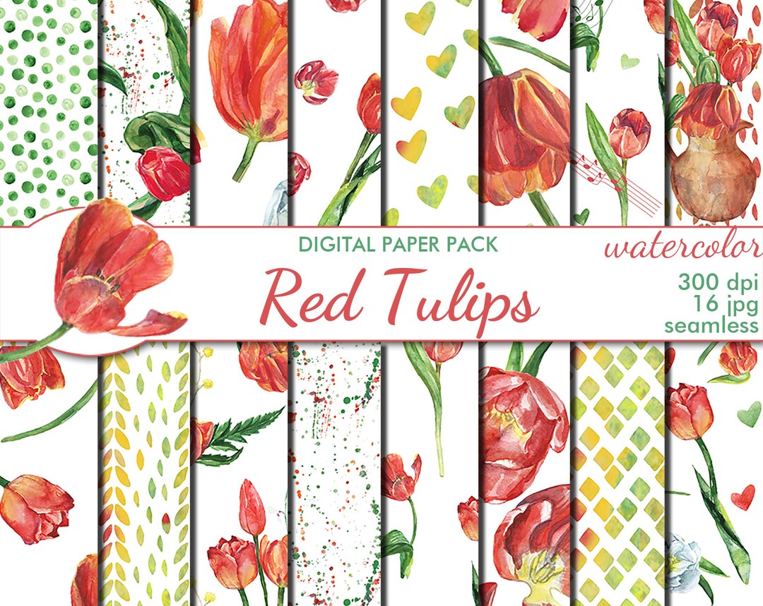 Digital Watercolor Red Tulips Seamless Paper Pack, 16 Printable ...