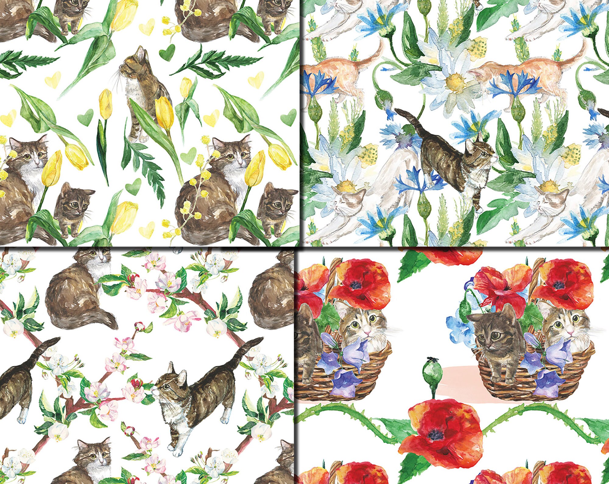 Digital Watercolor Cats and Flowers Seamless Paper Pack, 16 Printable ...