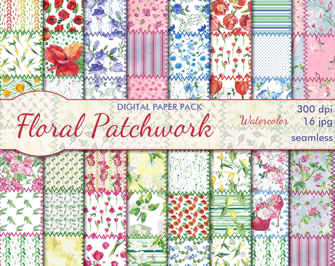 Digital Patchwork Fabric Seamless Paper Pack, 16 Printable Digital Scrapbooking Papers, Floral ...