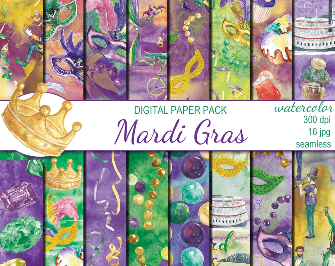 Digital Watercolor Mardi Gras Seamless Pack, 16 Printable Digital ...