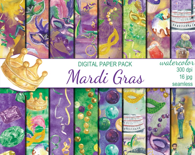 Digital Watercolor Mardi Gras Seamless Pack, 16 Printable Digital ...