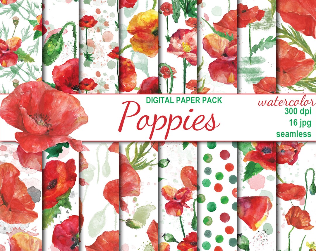 Digital Watercolor Poppies Seamless Paper Pack, 16 Printable ...