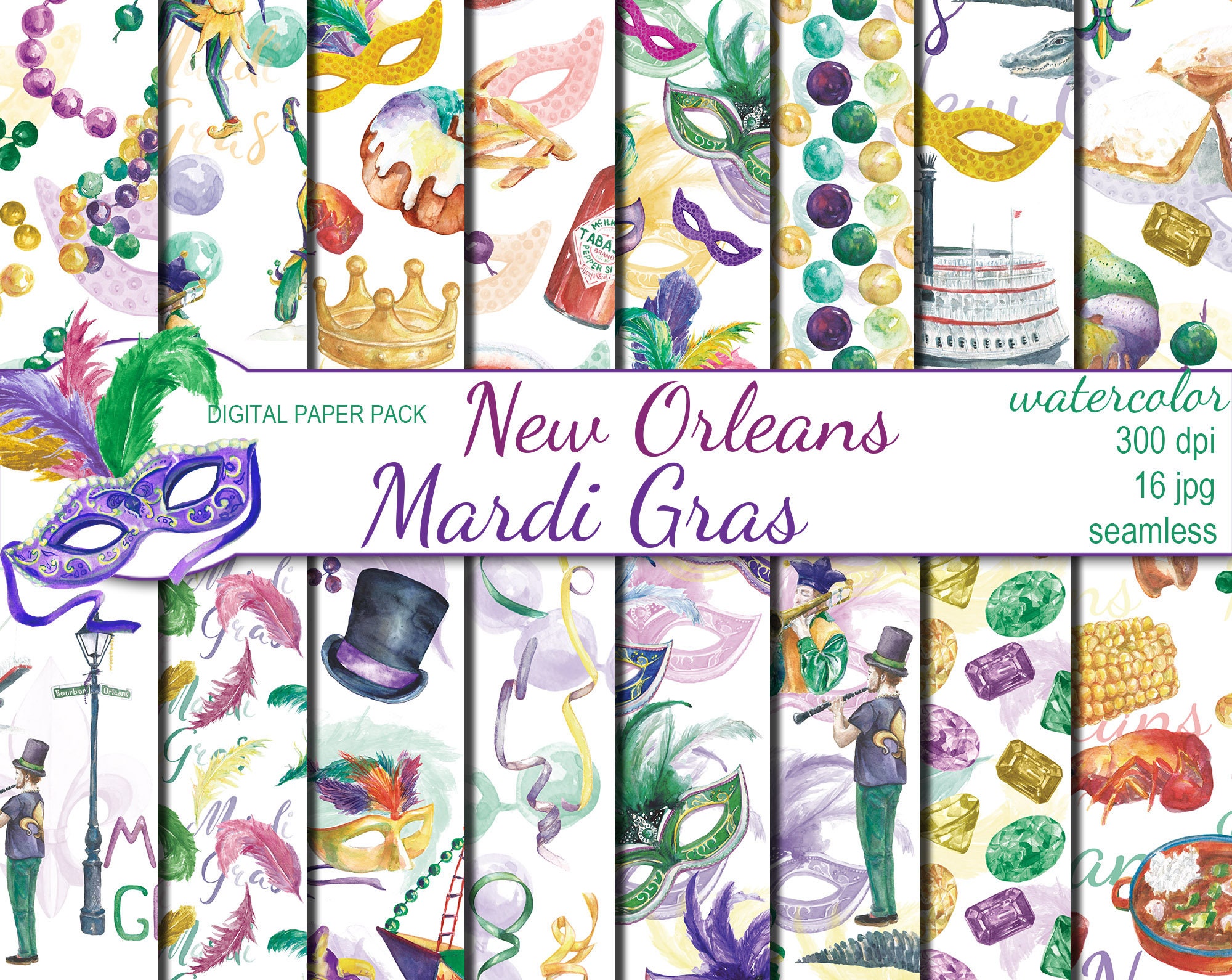 Digital Watercolor Mardi Gras New Orleans Seamless Pack, 16 Printable ...