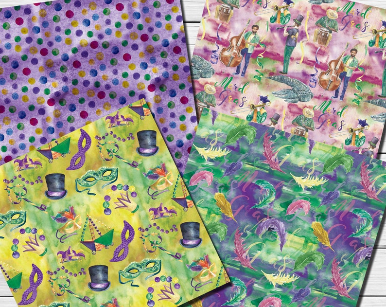 Digital Watercolor Mardi Gras Seamless Pack, 16 Printable Papers ...