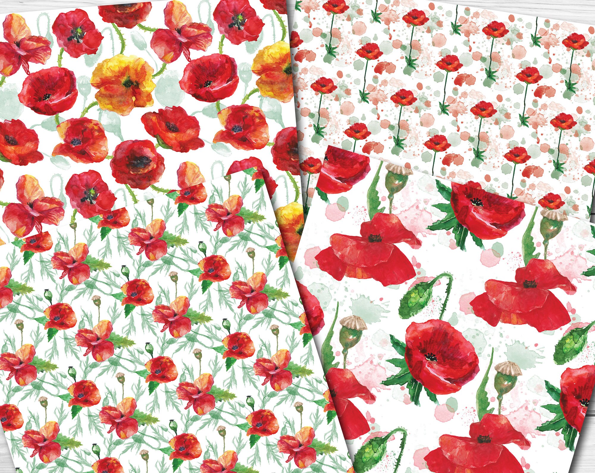 Digital Watercolor Poppies Seamless Paper Pack, 16 Printable ...