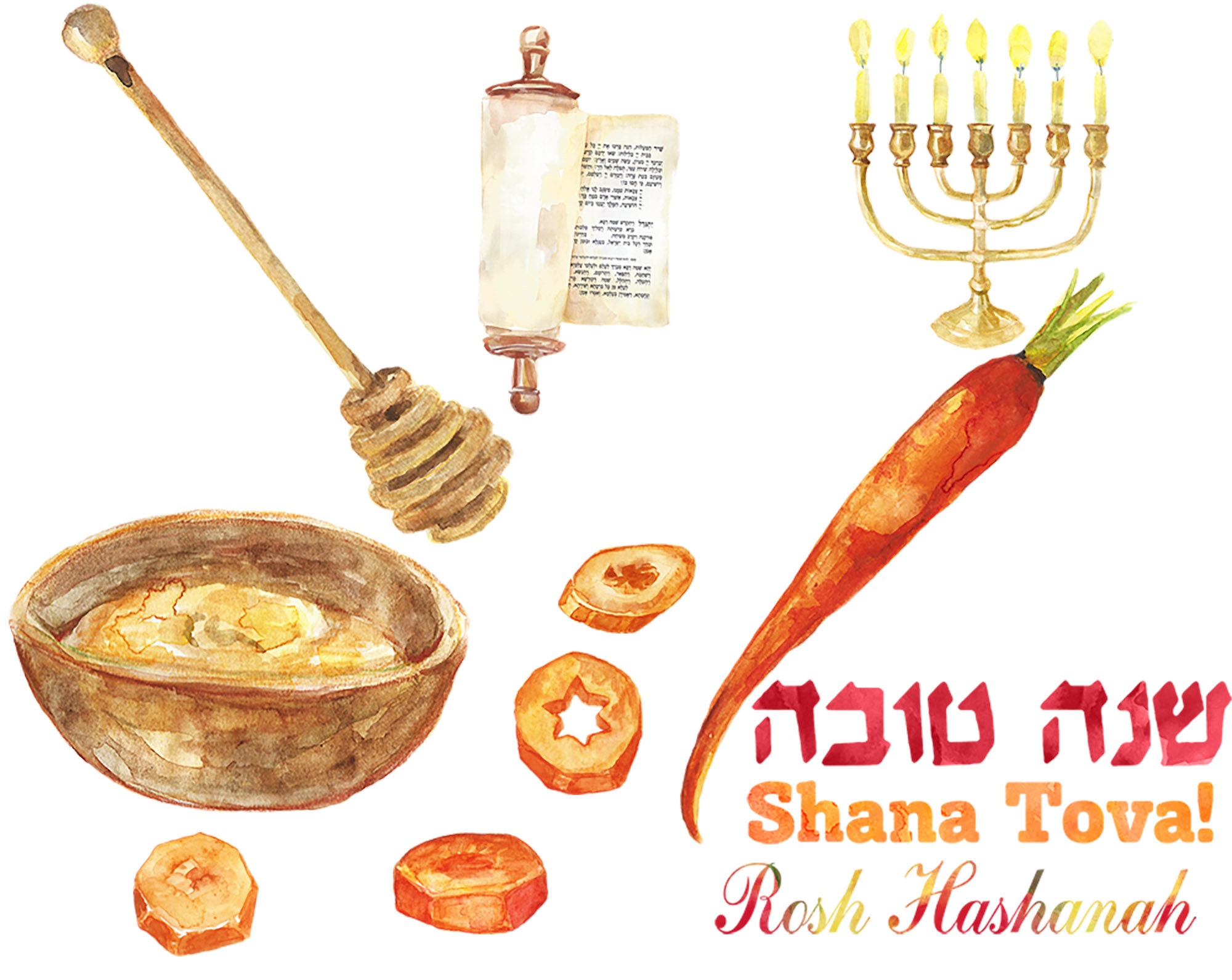 Digital Rosh Hashanah Watercolor Clipart for Scrapbooking, Papercrafts ...