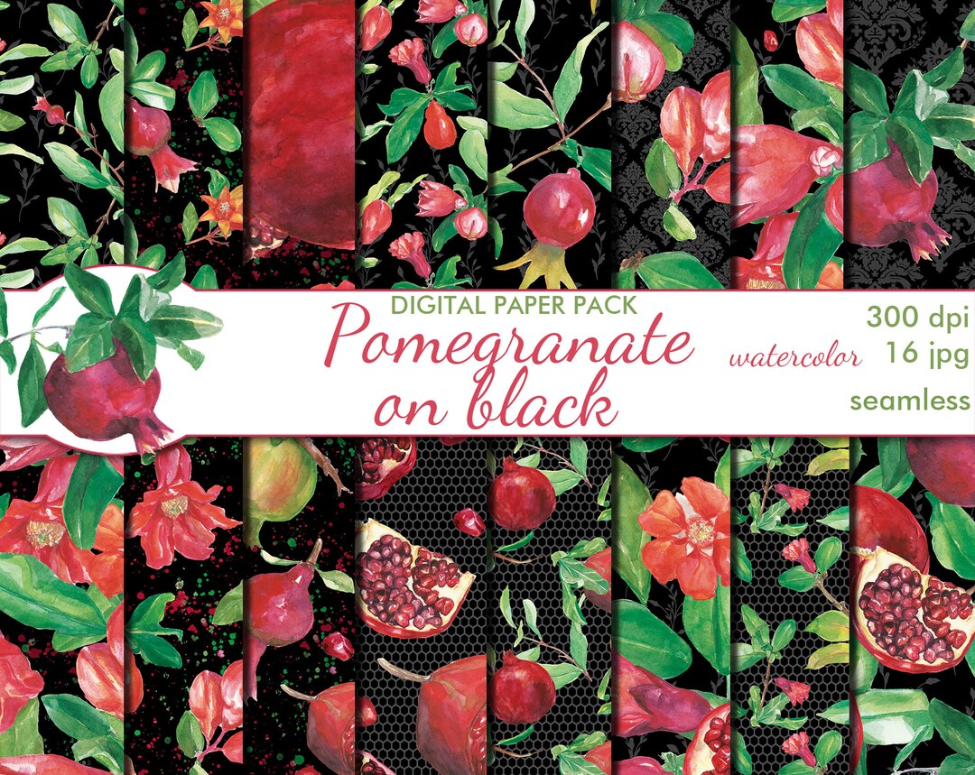 Digital Watercolor Pomegranate Seamless Paper Pack, 16 Printable ...