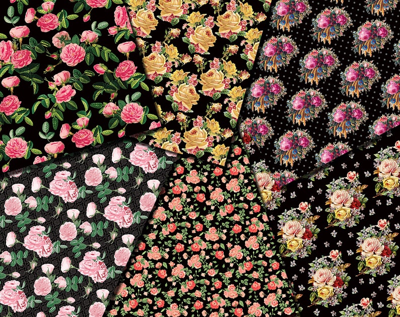 Digital Roses on Black Seamless Paper Pack 24 Printable - Etsy