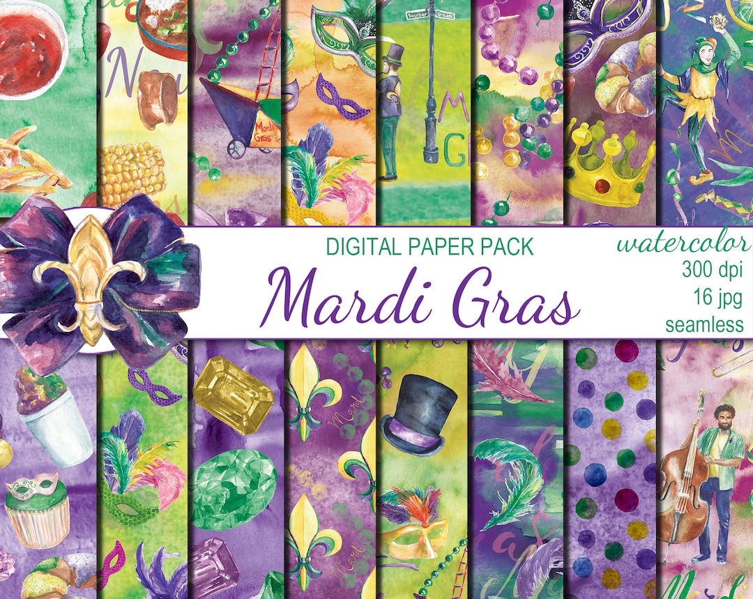 Digital Watercolor Mardi Gras Seamless Pack, 16 Printable Papers ...