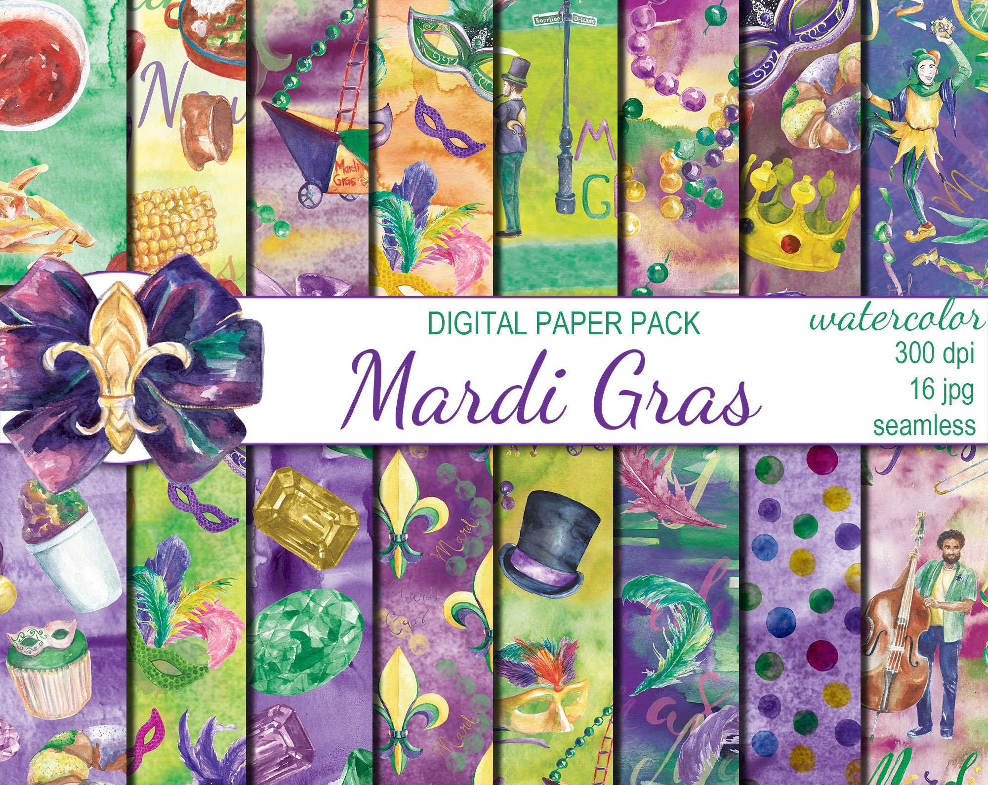 Digital Watercolor Mardi Gras Seamless Pack, 16 Printable Papers ...