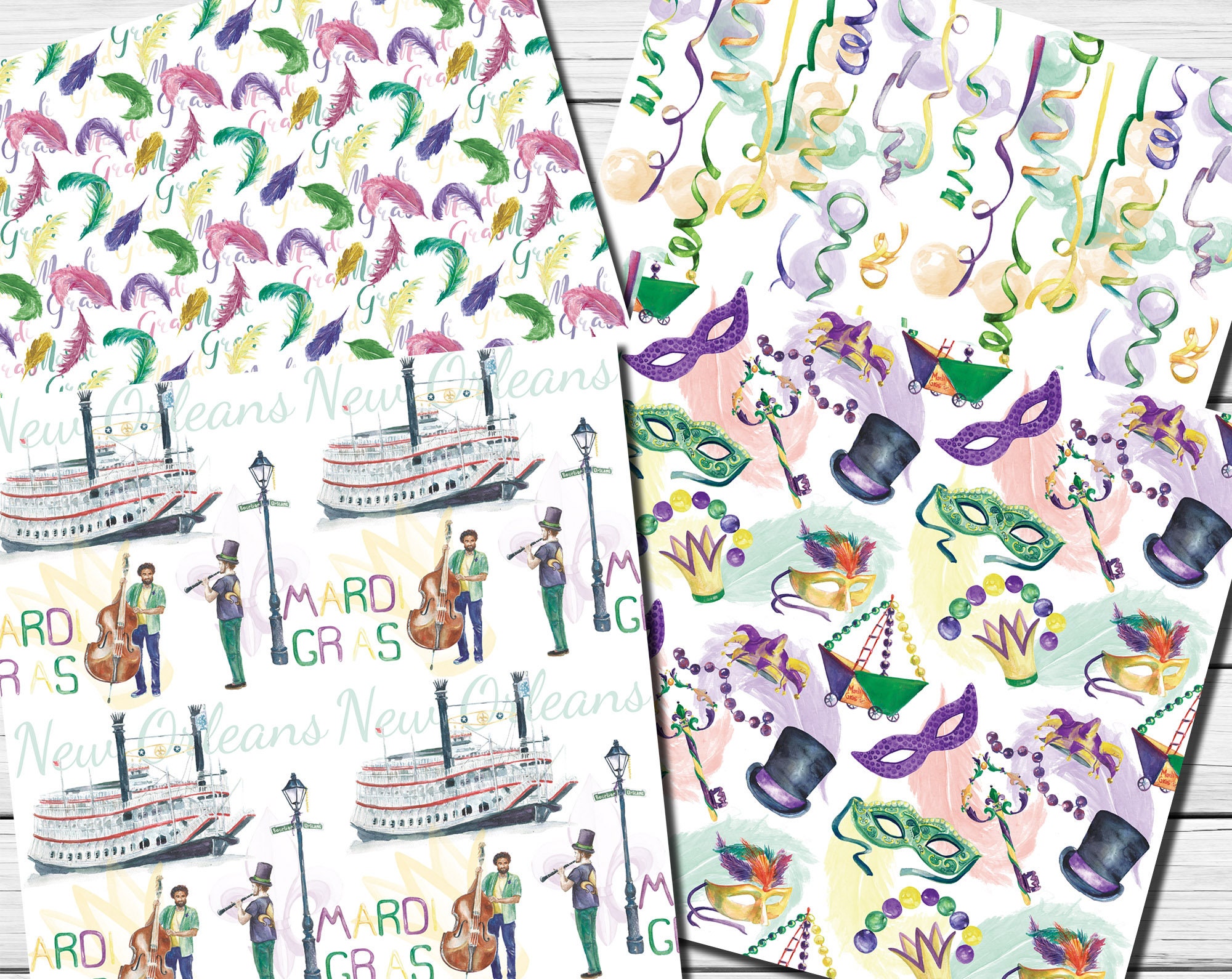 Digital Watercolor Mardi Gras New Orleans Seamless Pack, 16 Printable ...
