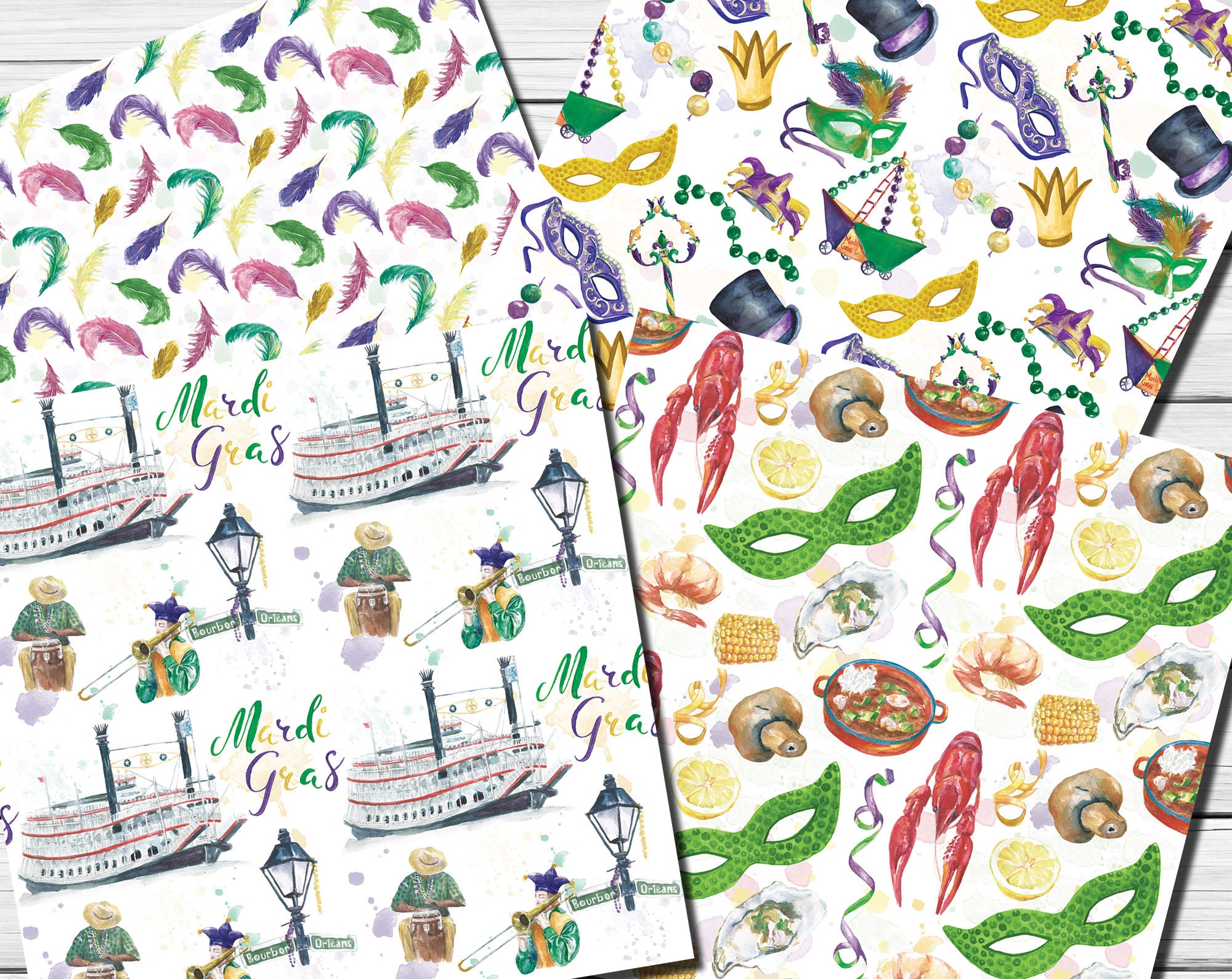 Digital Watercolor Mardi Gras New Orleans Seamless Pack, 16 Printable ...