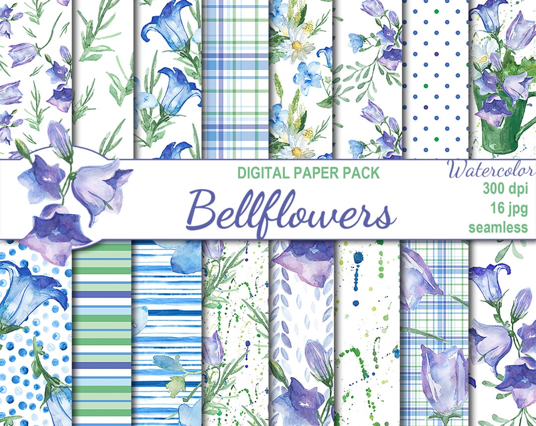 Digital Watercolor Bellflowers Seamless Paper Pack, 16 Printable ...